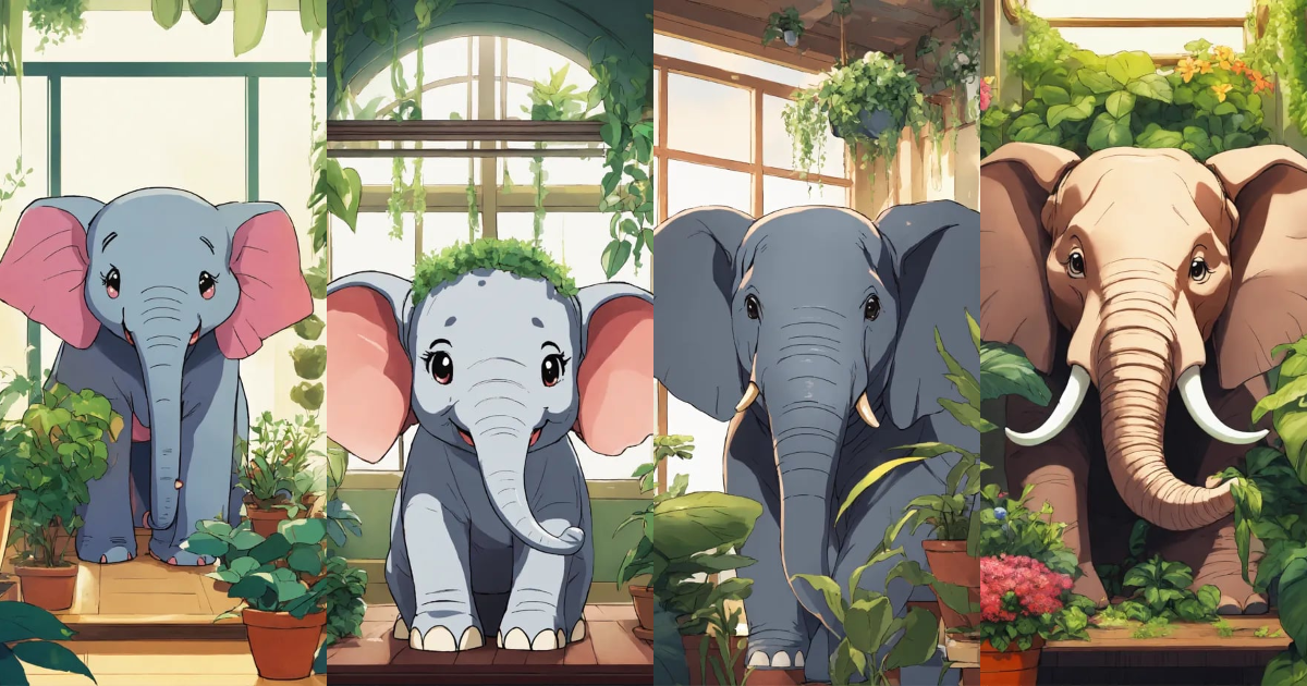Lexica - Headshot of happy anime elephant in room full of plants