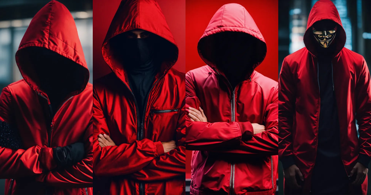 Lexica - Anonymous hacker in red jacket with dark hidden face with arms ...