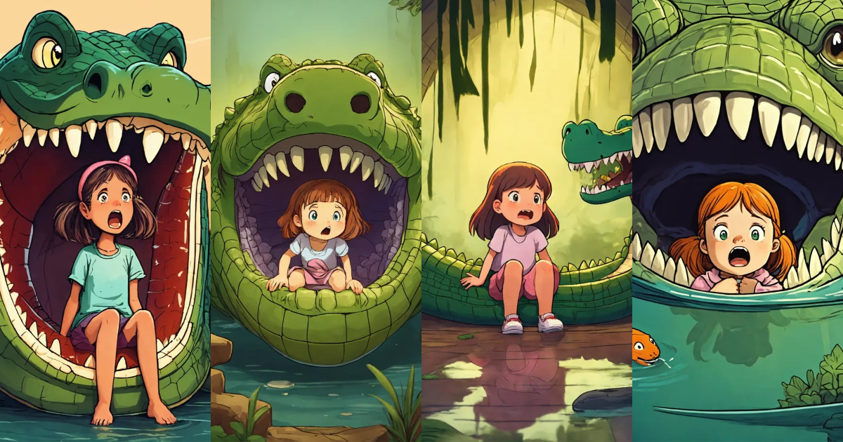 Lexica - Scared little girl sitting deep entirely inside crocodile's ...