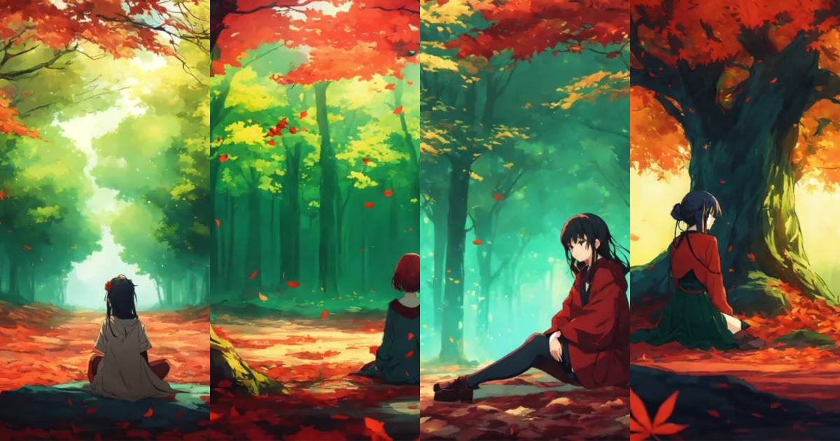 Lexica - A anime girl sitting under a tree with red leaves, dark scary ...