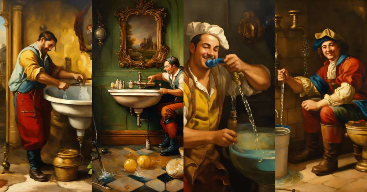 Lexica - A happy plumber Plugging Water Leak oil painting baroque
