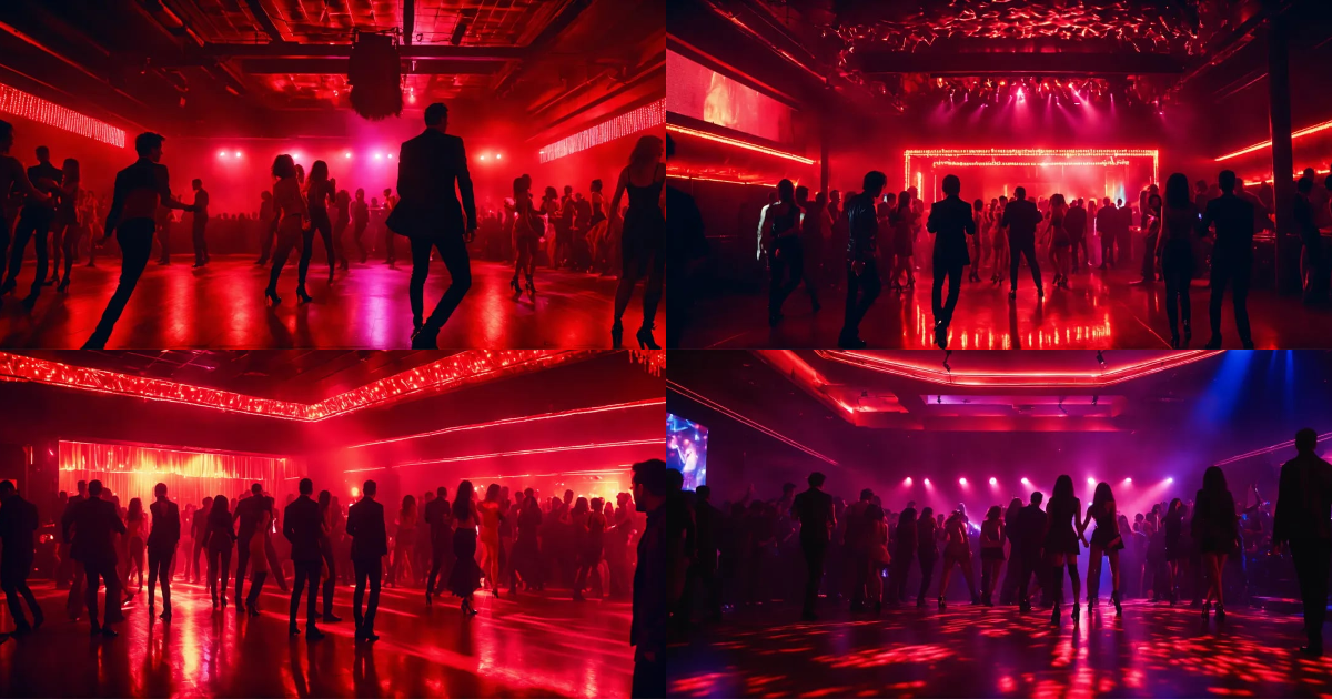 Lexica - Cinematic look, dark urban city night club hall, disco dance ...