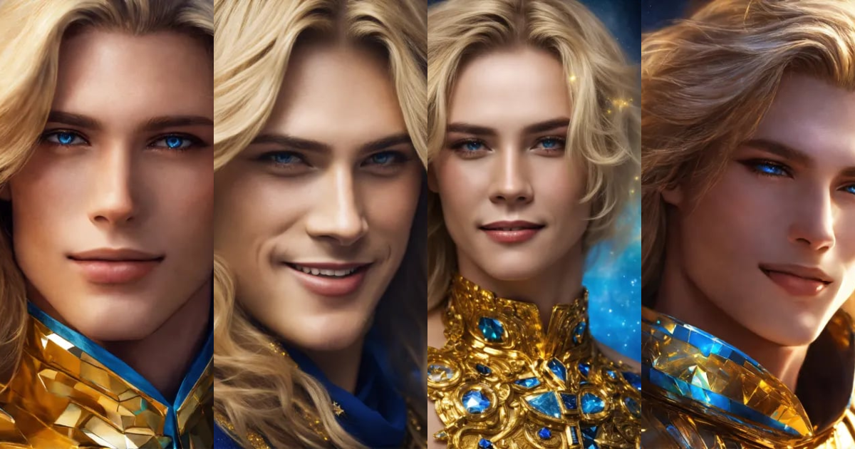 Lexica - Beautiful faces galactic men long blond hair, smiling, blue ...