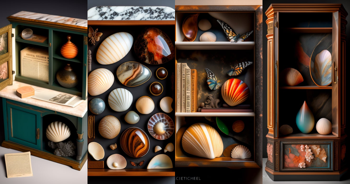 Lexica - Marble sculpture, collage, cabinet of curiosity bookshelf ...