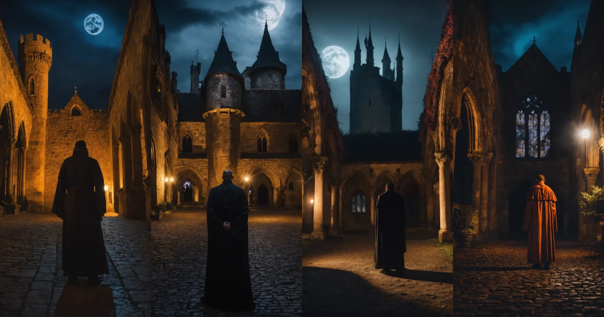 Lexica - Spooky gothic castle courtyard, night, ghostly monk standing