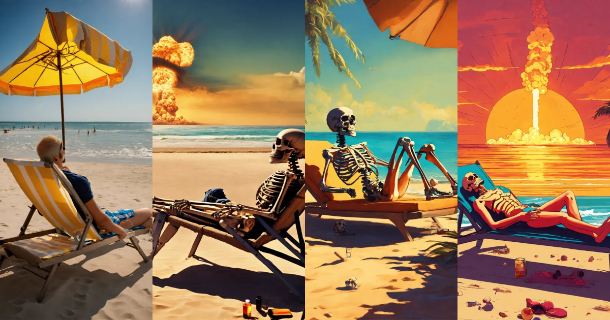 Lexica - Nuclear explosion, Skeleton lies on a sun lounger, hands ...