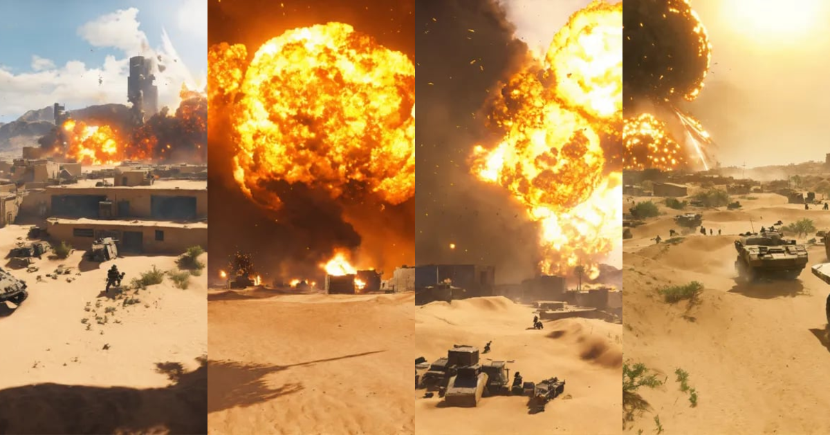 Lexica - Warzone map call of duty, blue sky, sand, huge explosion
