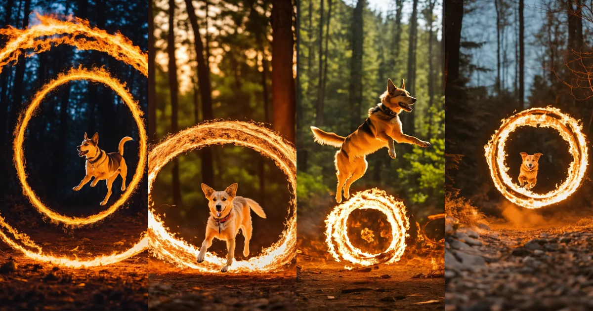Lexica - Dog jumping through a ring of fire in the woods