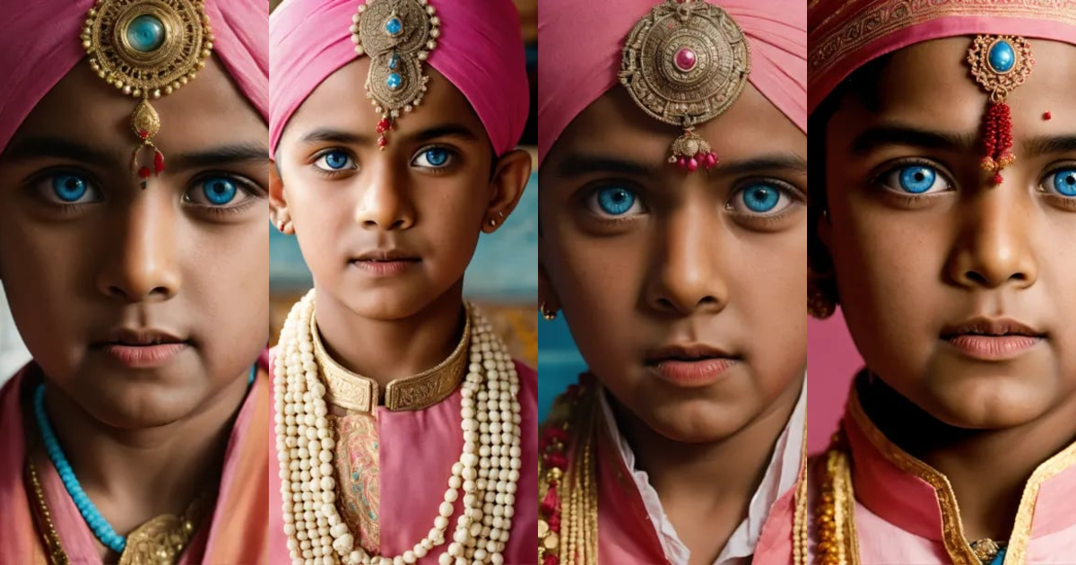 Lexica - Portrait of blue eyed 8-year-old Indian boy wearing pink Harry Krishna attire, his eyes ...