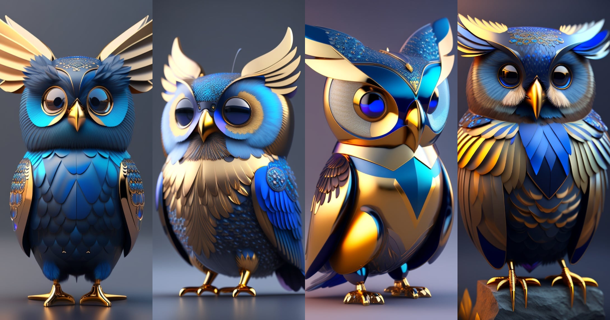 Lexica - Gold and blue owl with huge eyes, in the style of vray tracing ...
