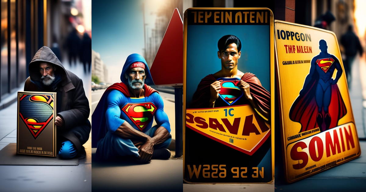 Lexica - Poor beggar. homeless on the street. cardboard sign. superman