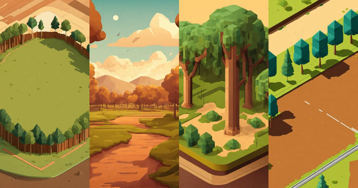 Lexica - 2d isometric flat brown empty plain flat landscape with tress ...