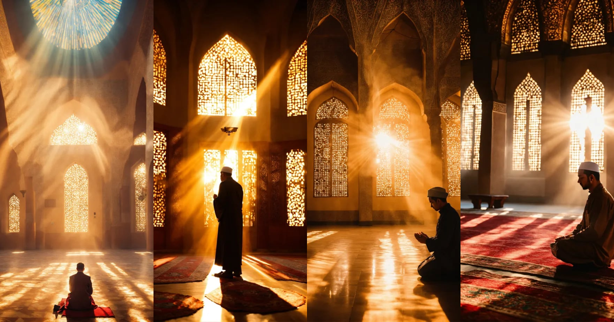 Lexica - A person praying in a mosque, rays of light shinning from the ...