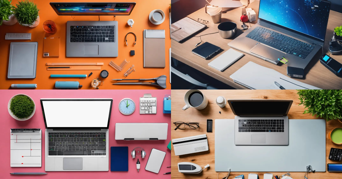 Lexica - Top view Futuristic Office desk with office tools computer ...