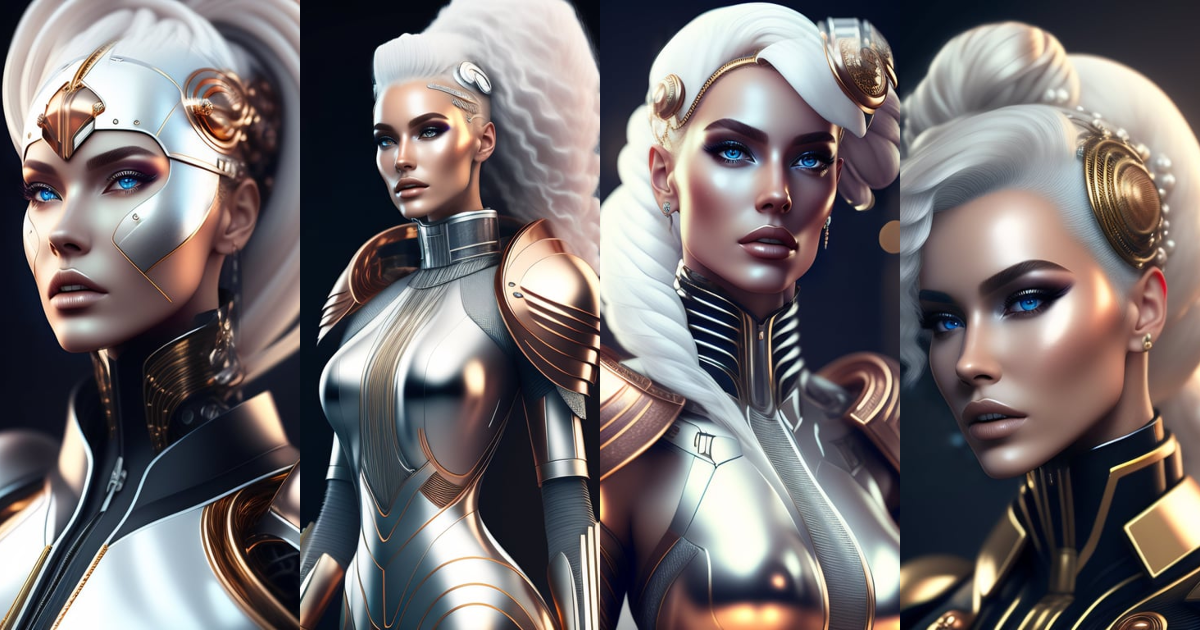 Lexica - White- beautiful- cyborg- fashion shot- cyber- half robot ...