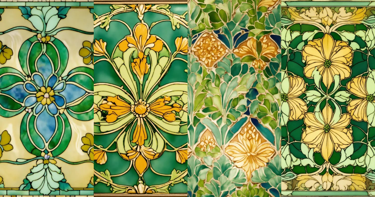 Lexica - Floral print, tiled motif, verdelite, shiny, art nouveau