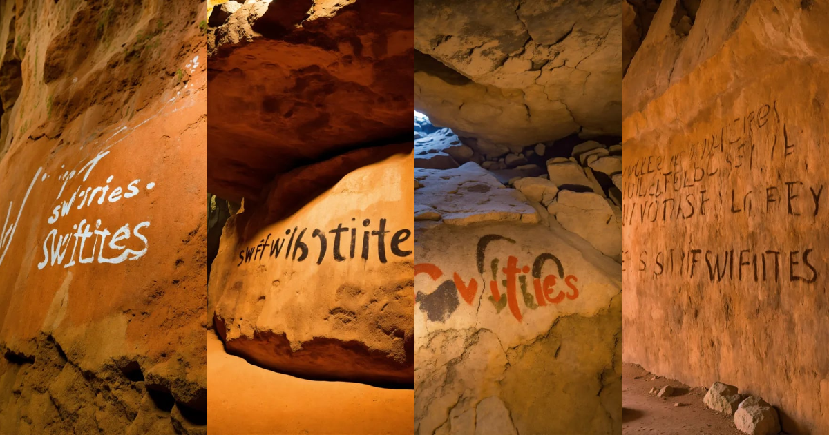 Lexica - Cave painting That has the words "Swifties" on rock wall in cave.