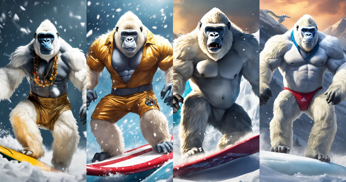 Lexica - A large muscular white gorilla dressed as a rapper surfing in ...