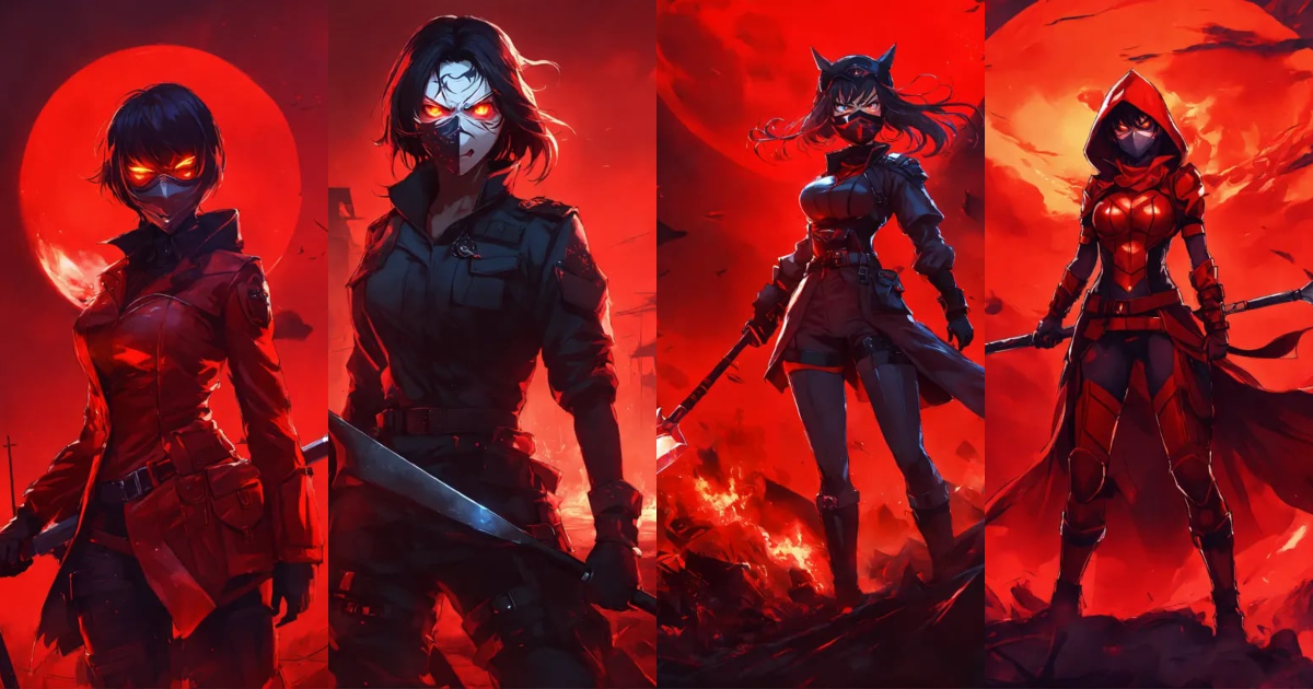 Lexica - Create a red background, with an masked anime girl villain ...