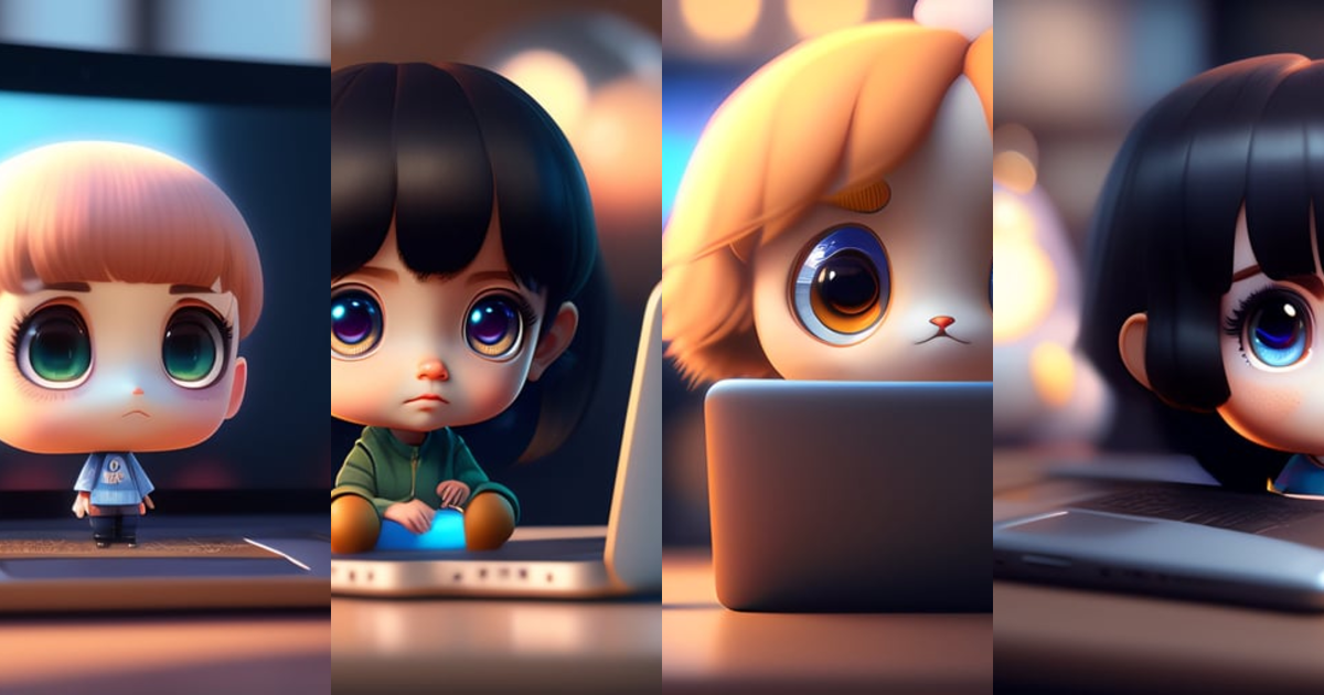 Lexica - Cute small humanoid anime eyes sitting in front of laptop ...