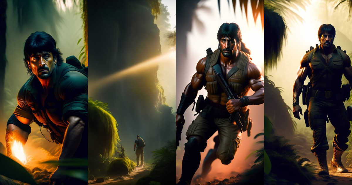 Lexica - Action shot of john rambo in a jungle, cinematic lighting ...
