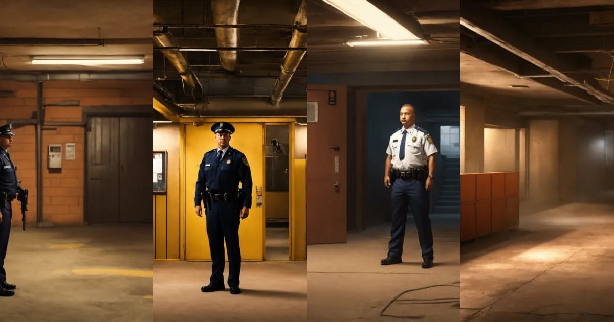 Lexica - Photo realistic, security guard in basement of building