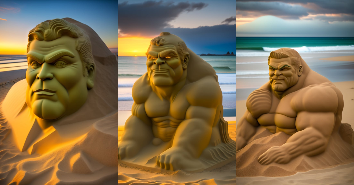 Lexica - Hulk sand sculpture, realistic, front facing, evening, on the ...