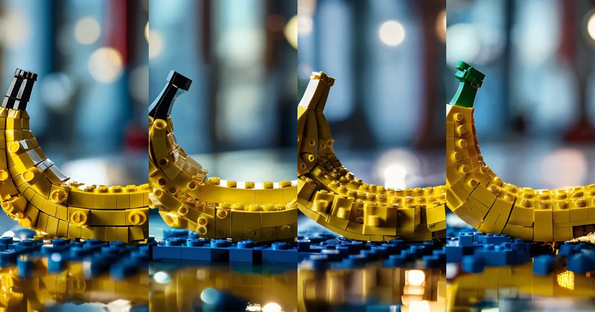 Lexica - Large banana lying down made of Lego bricks, united Lego ...