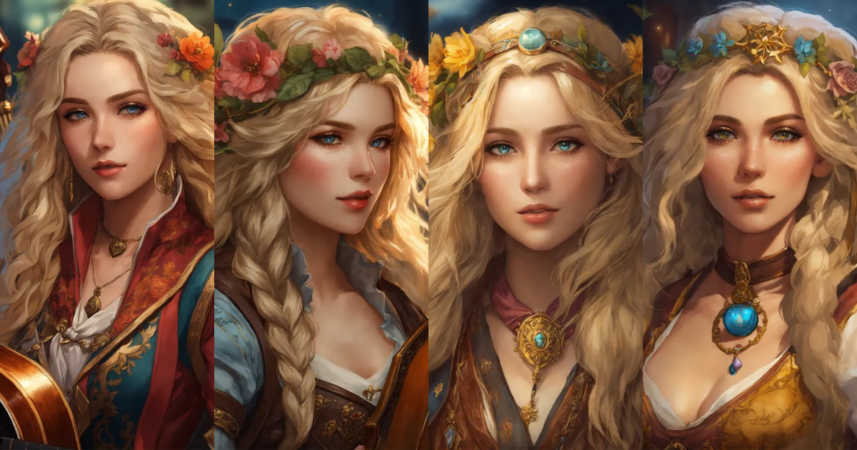 Lexica - "charismatic female fantasy bard", big blonde hair, travel ...