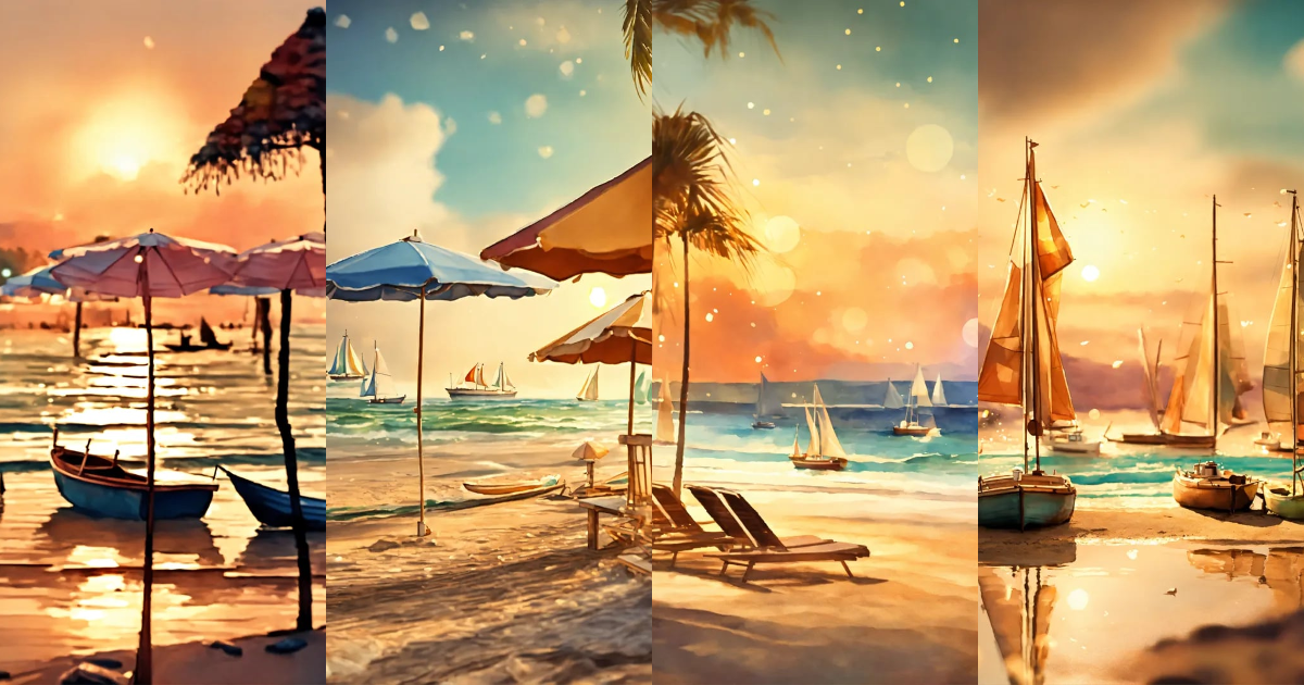 Lexica - Beach scene with an earth tones sunset, sailboats, and beach ...