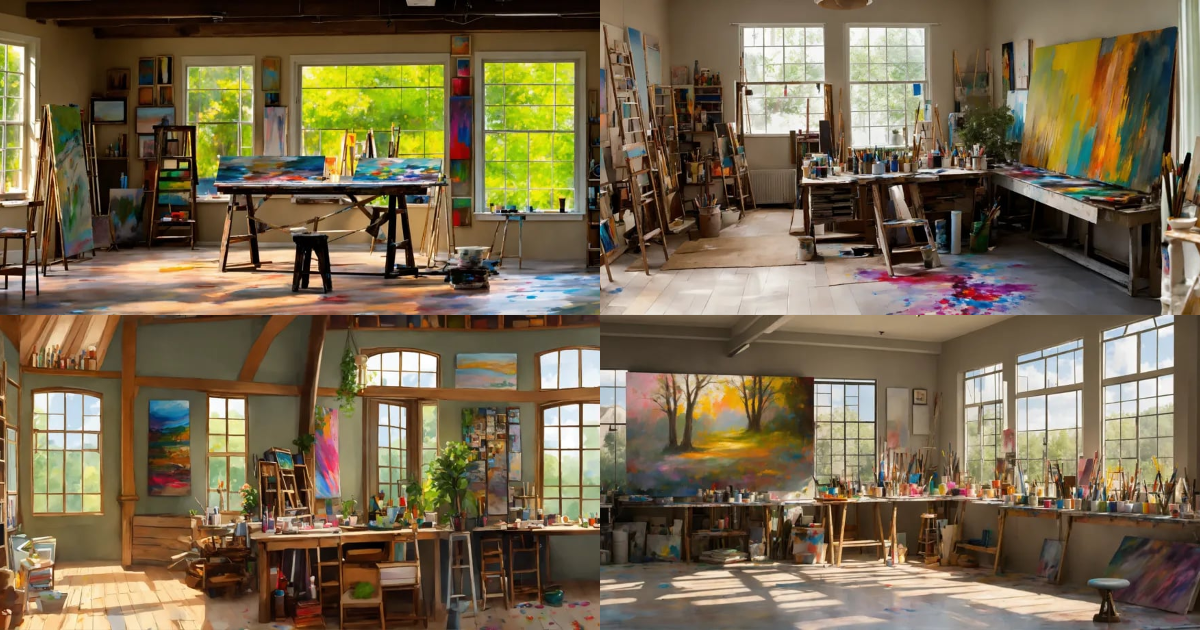 Lexica - Concept art of an art studio, paintings on a canvas, stacked ...