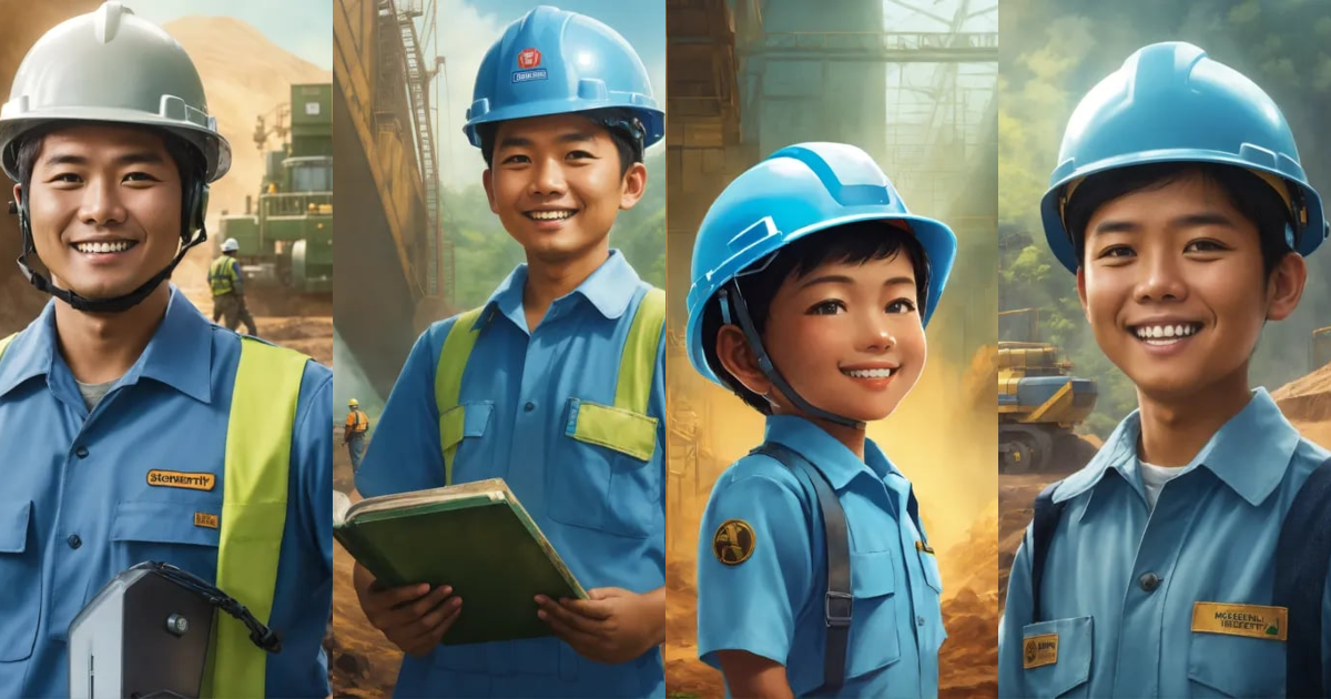 Lexica - Young technical officer wearing light blue engineering uniform, security helmet ...