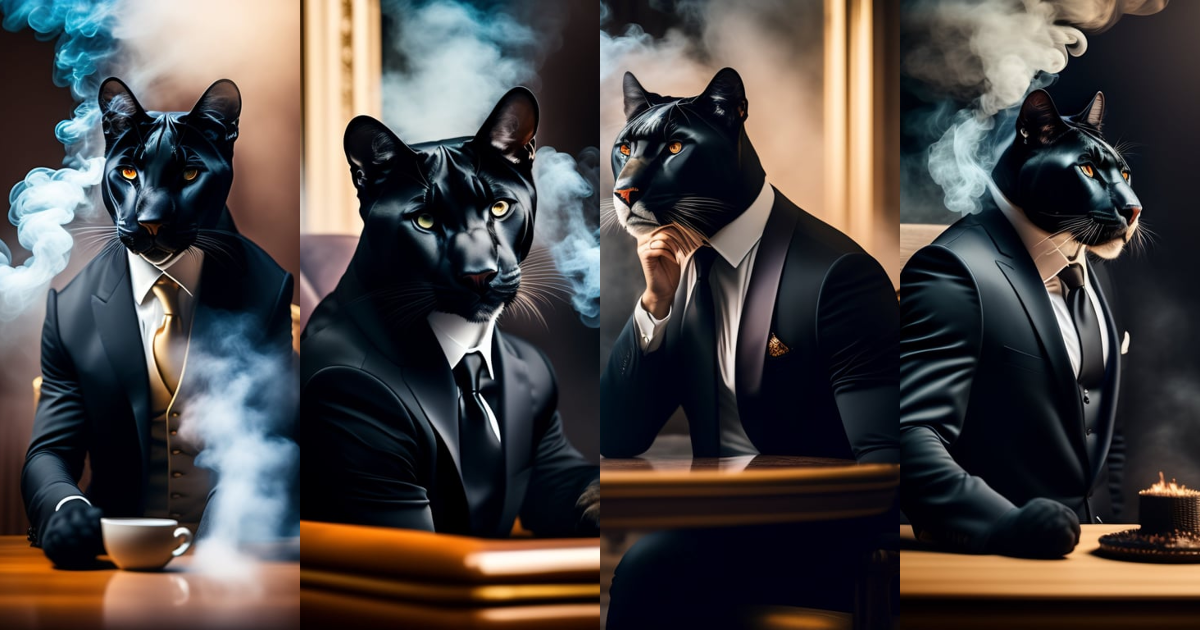Lexica - Elegant panther, black suit, smoking a very smoky cigarette ...