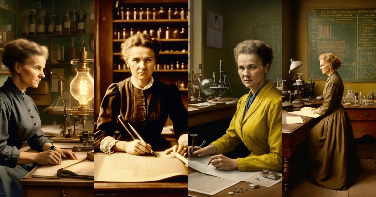 Lexica - Créez une image réaliste de Marie Curie dans son bureau de ...