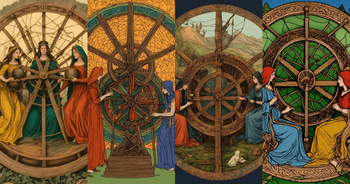 Lexica - The Norns weaving the web of destiny on a spinning wheel ...