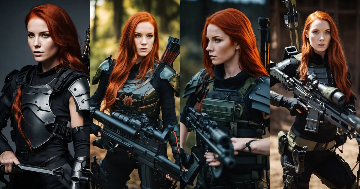 Lexica - Female athletic red hair model wearing black metal military ...