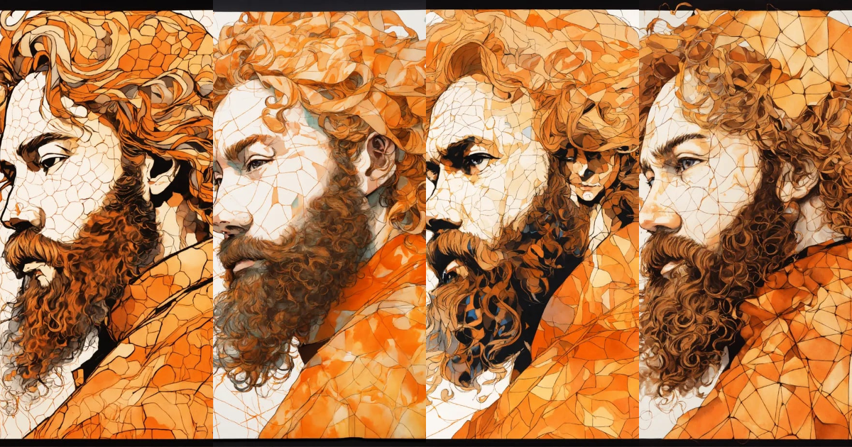 Lexica - A portrait. a long-bearded man with curly orange hair swirling ...