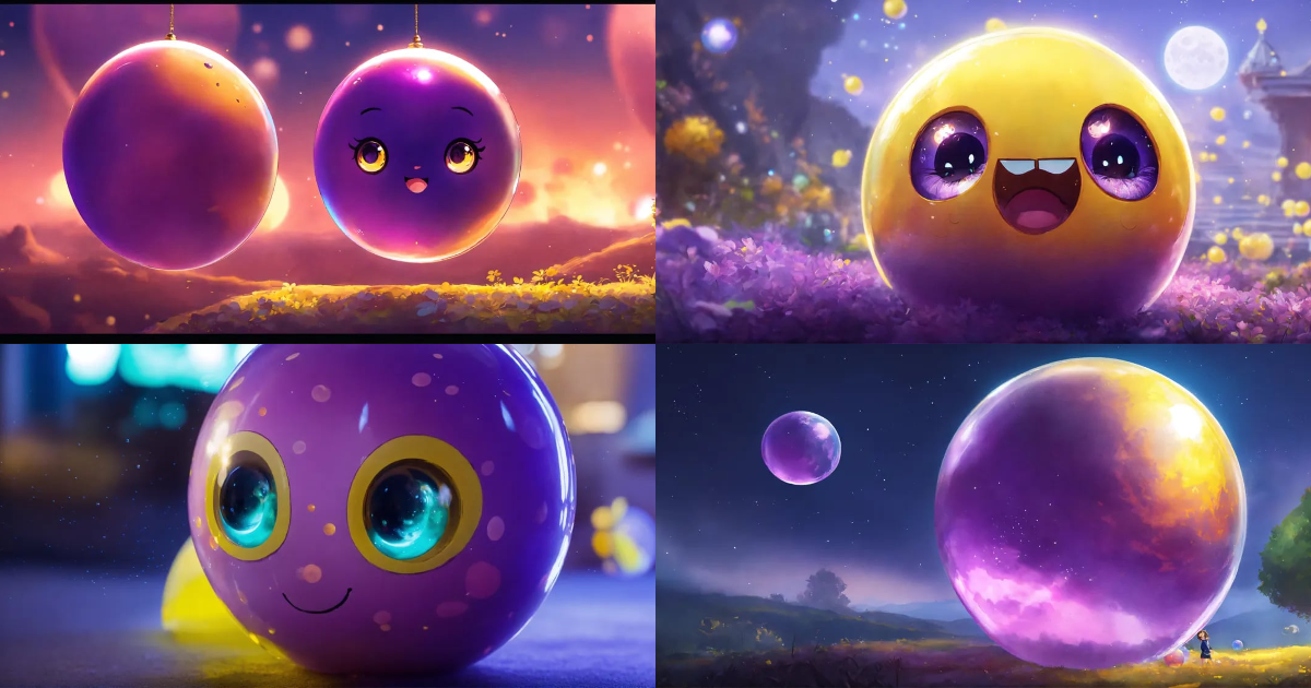 Lexica - Bubble ball, purple body, yellow moon on the forehead, cute, smile, big eyes,
