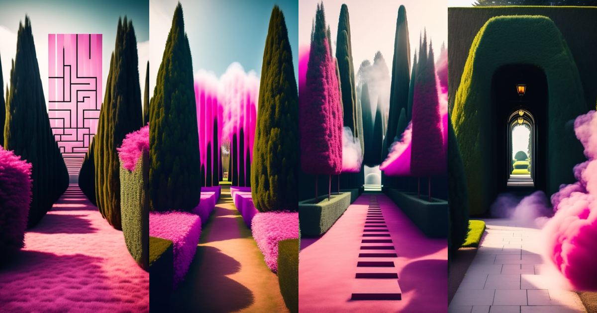 Lexica - Tall hedge maze, pink smoke, geometric, minimal, vintage, scary