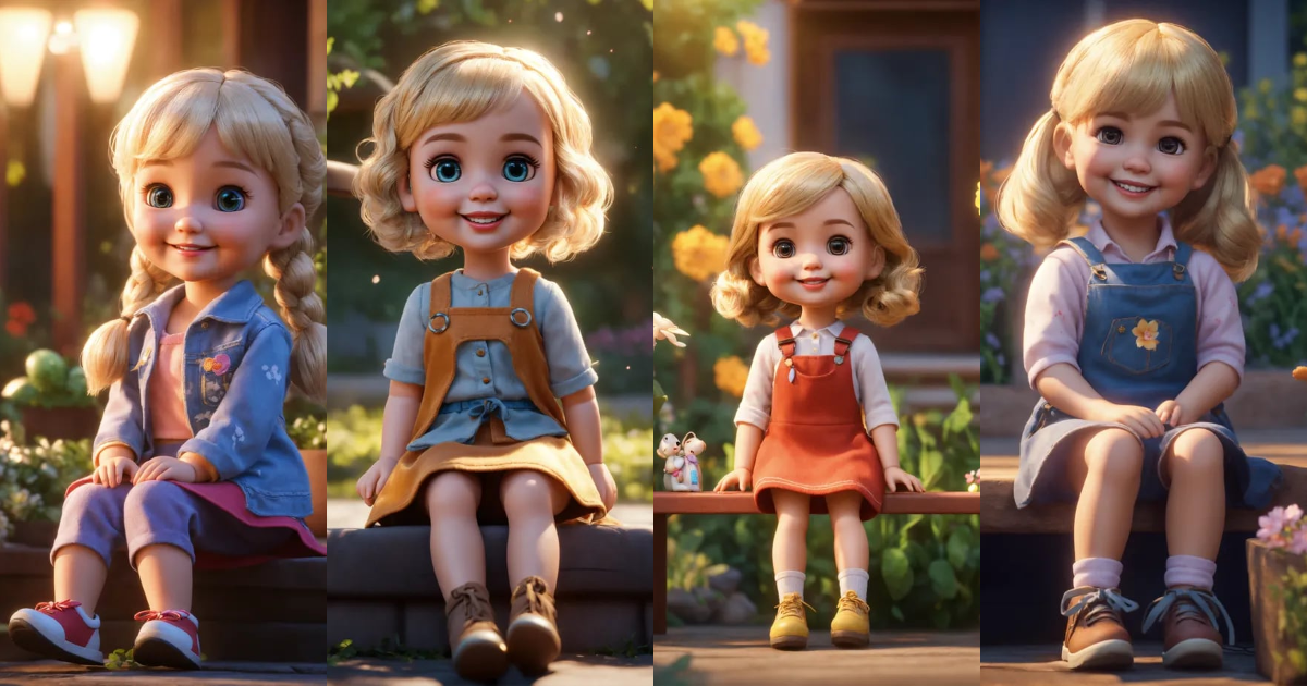 Lexica - Cute adorable doll style tiny girl smiling greeting me, blond hair, unreal engine, she ...