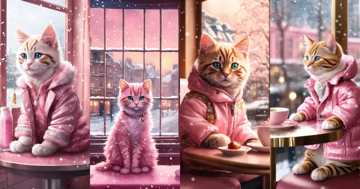 Lexica - Pastel pink baby cat wearing glitter pink jacket sitting in a ...