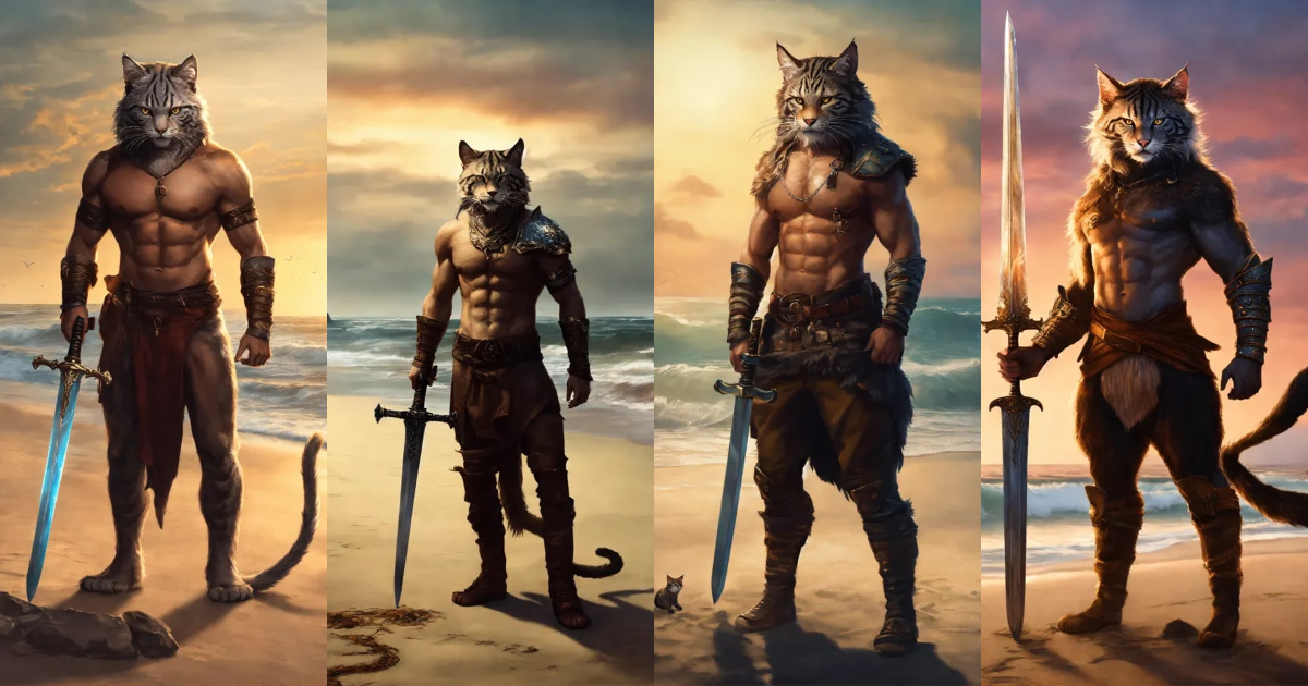 Lexica - A werecat in the shape of a man, standing on the beach, with a ...