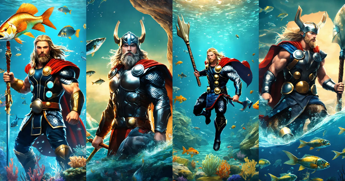 Lexica - Thor with fish underwater in the ocean, nature background, 2D ...
