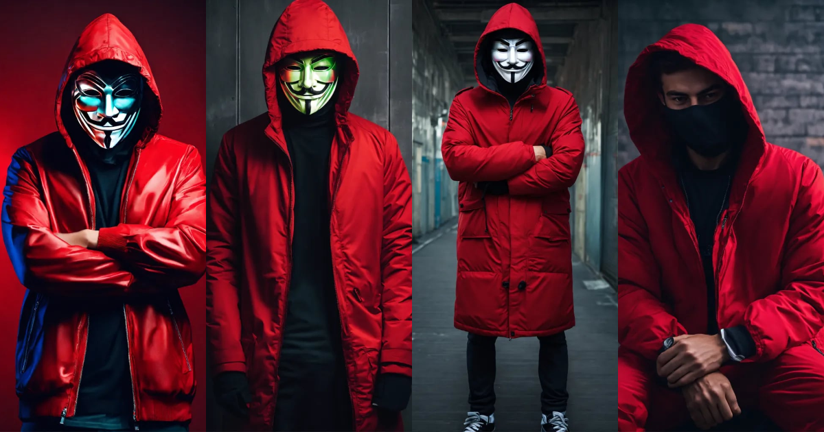 Lexica - Anonymous hacker in red jacket with hidden face with arms crossed