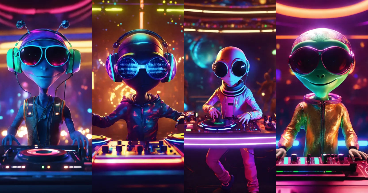 Lexica - Zoom out on quirky alien DJ with cool big stellar shades ...