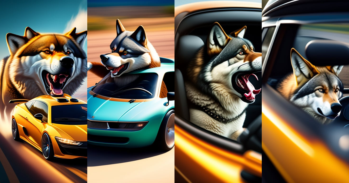 Lexica - An antropomorphic caricature wolf driving inside a car,