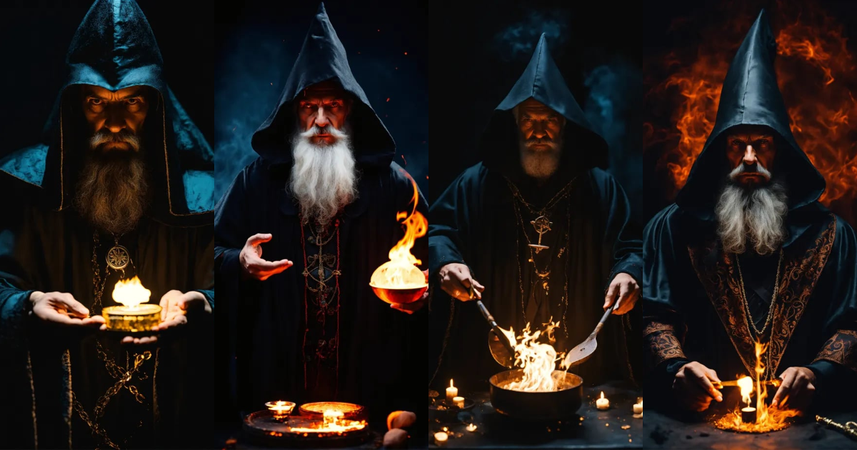 Lexica - French evil wizard in robes, creating black magic, dark background