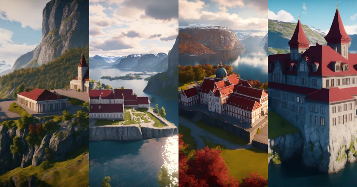 Lexica - Full image of a massive royal palace with a maroon roof on a cliff overlooking a Fjord ...