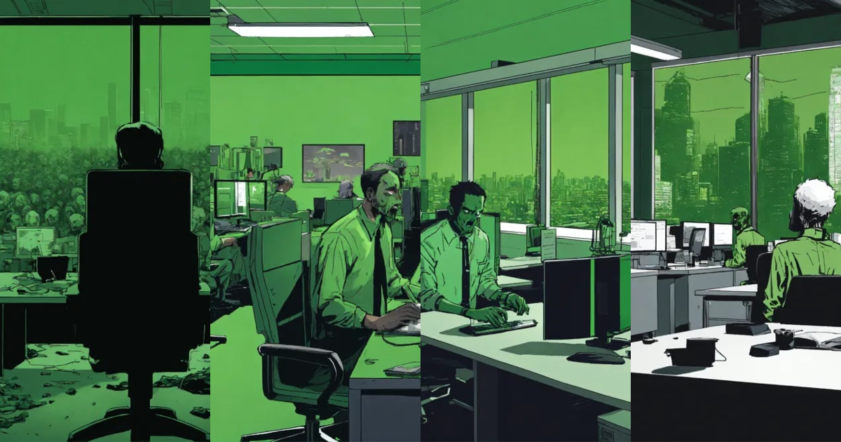 Lexica - Illustrate a comic cartoon poster of a zombie-like workforce ...