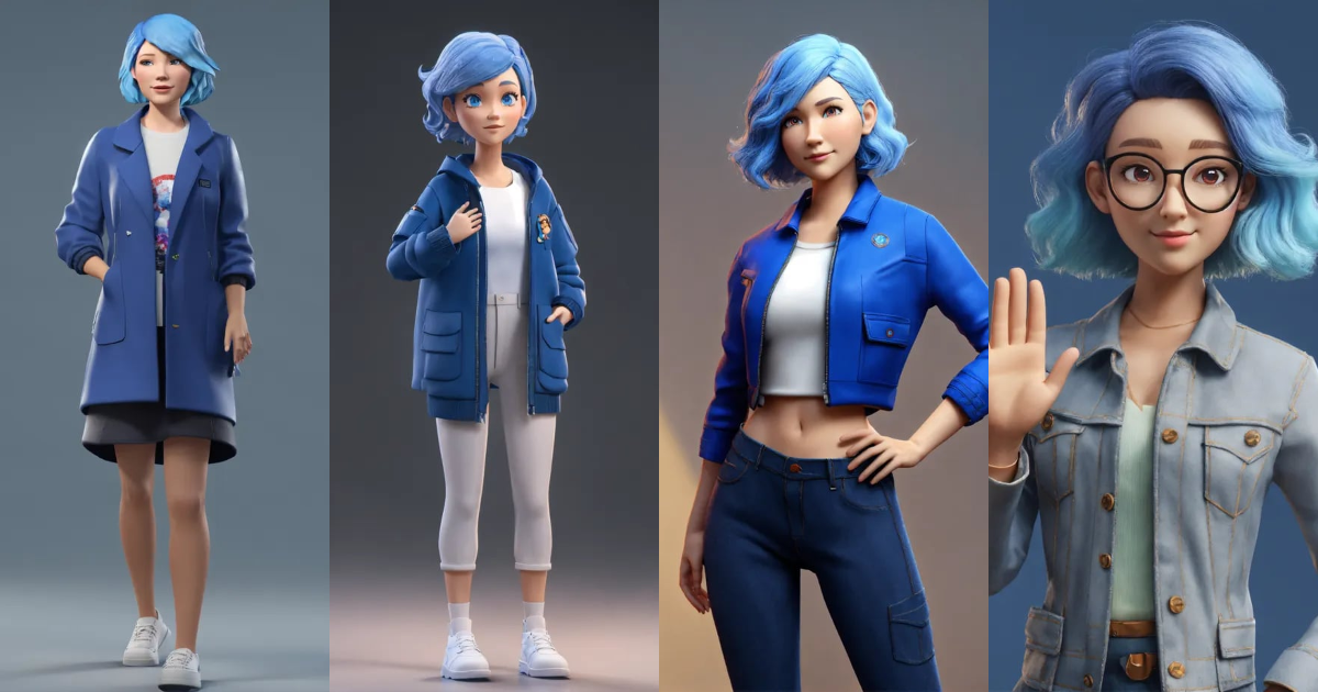 Lexica - (standing white woman), dark blue jacket, white t-shirt, accurate hair, light blue hair ...